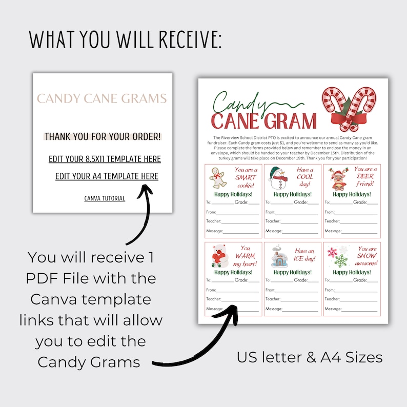 Editable Holiday Candy Cane Gram Printable, PTO, PTA Christmas Flyer - Etsy