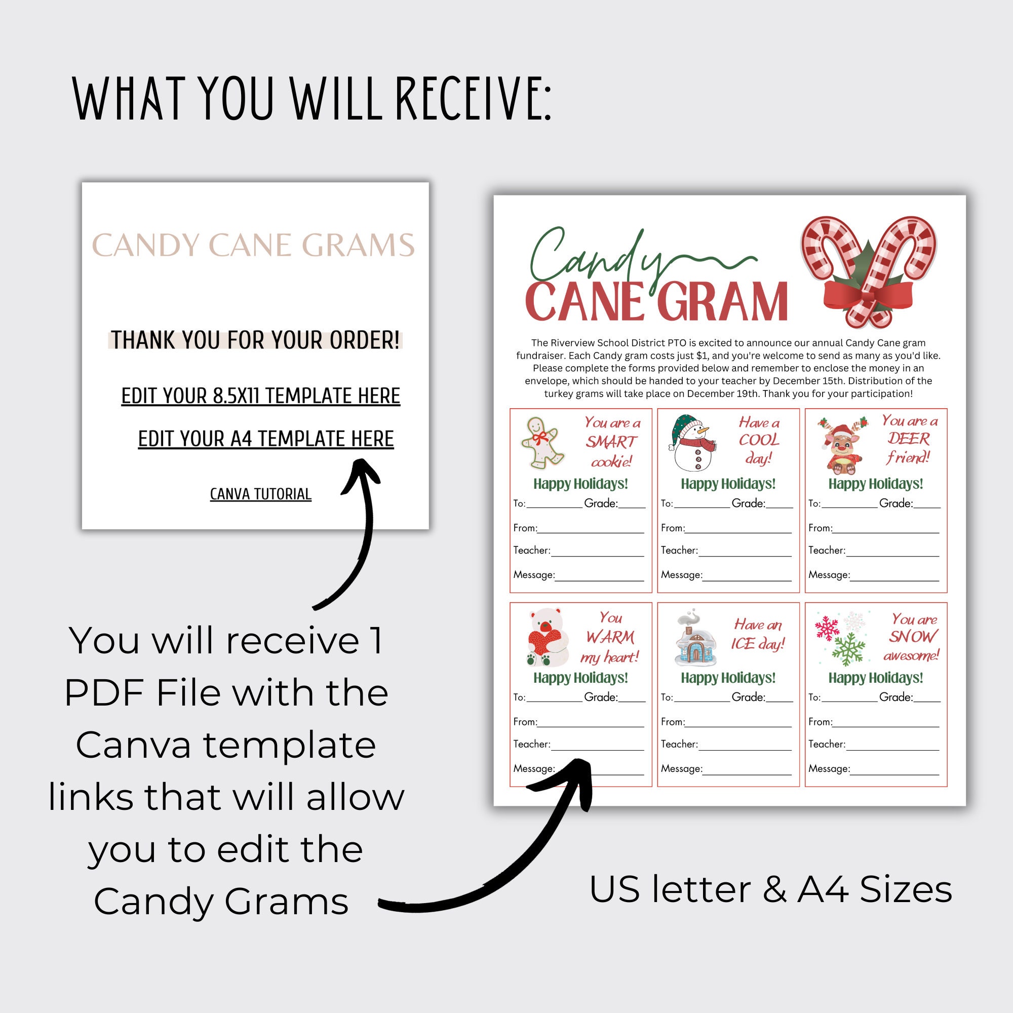 Editable Holiday Candy Cane Gram Printable, PTO, PTA Christmas Flyer - Etsy