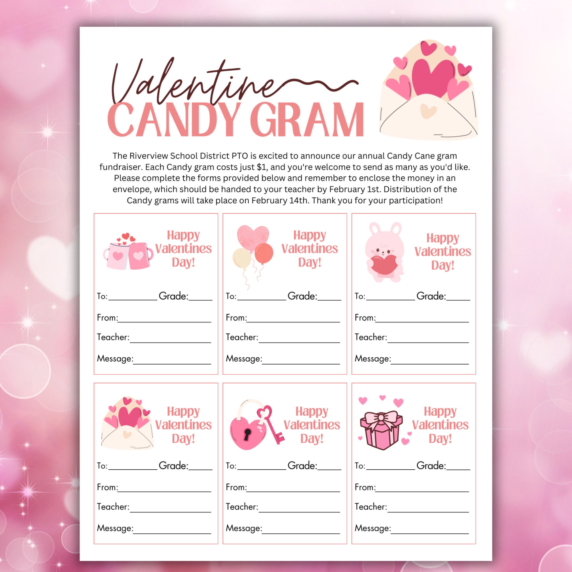 EDITABLE Valentine's Day Candy Gram Flyer, PTO, PTA Valentine's Day ...