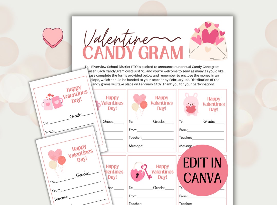 EDITABLE Valentine's Day Candy Gram Flyer, PTO, PTA Valentine's Day ...