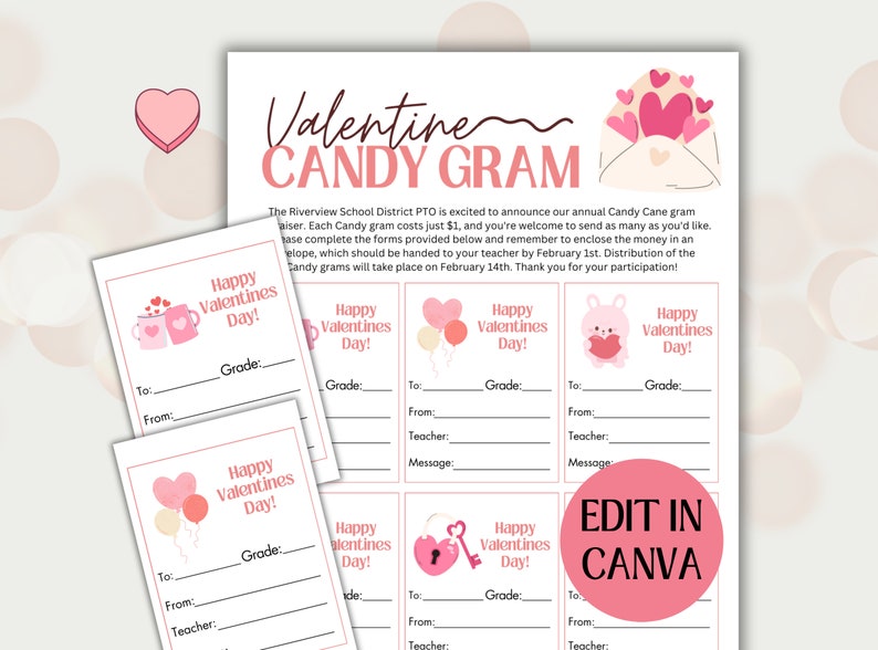 EDITABLE Valentine's Day Candy Gram Flyer, PTO, PTA Valentine's Day ...