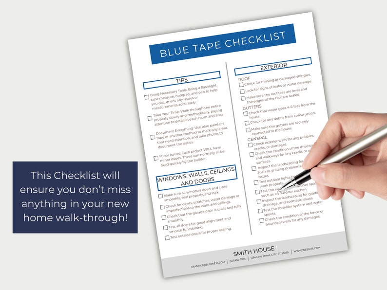 New Home Walk-through Checklist, Blue Tape Home Construction Checklist ...