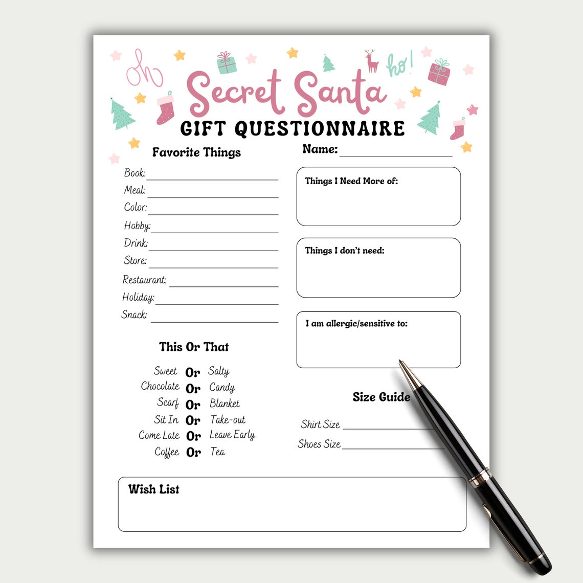 Secret Santa Questionnaire for Coworkers, Secret Santa Form, Gift ...