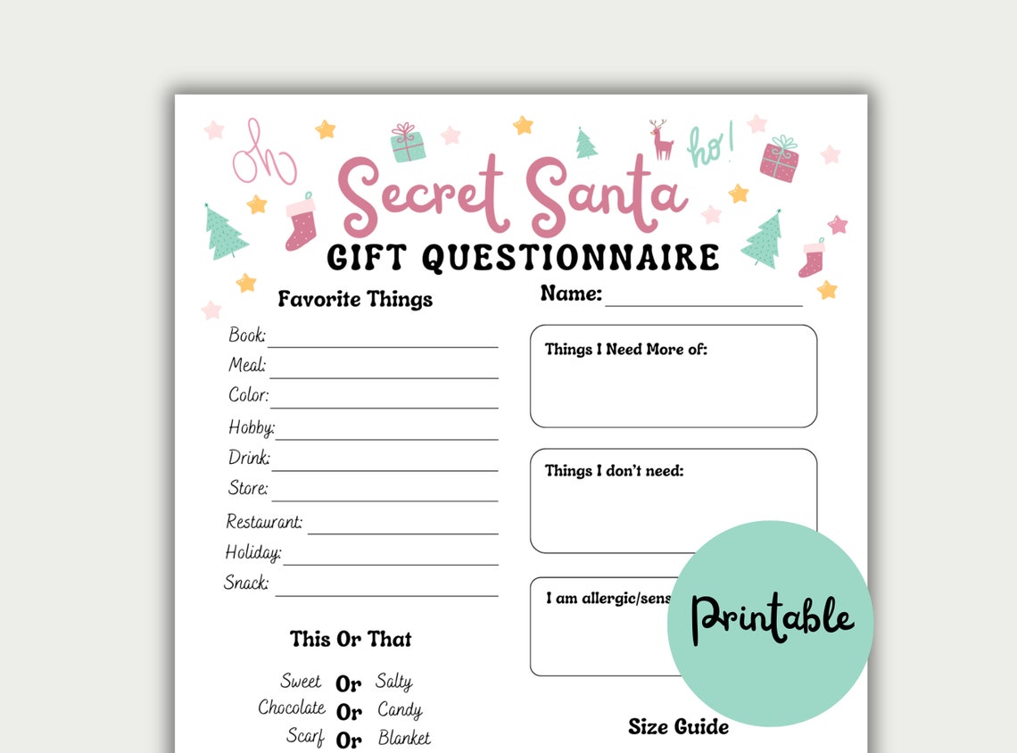 Secret Santa Questionnaire for Coworkers, Secret Santa Form, Gift ...
