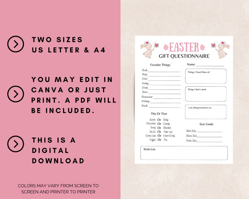 Editable Easter Gift Exchange Questionnaire, Printable All About Me ...