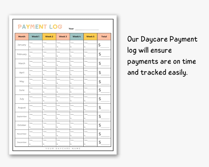 Daycare Payment Log, Daycare Forms, in Home Daycare Payment Record ...