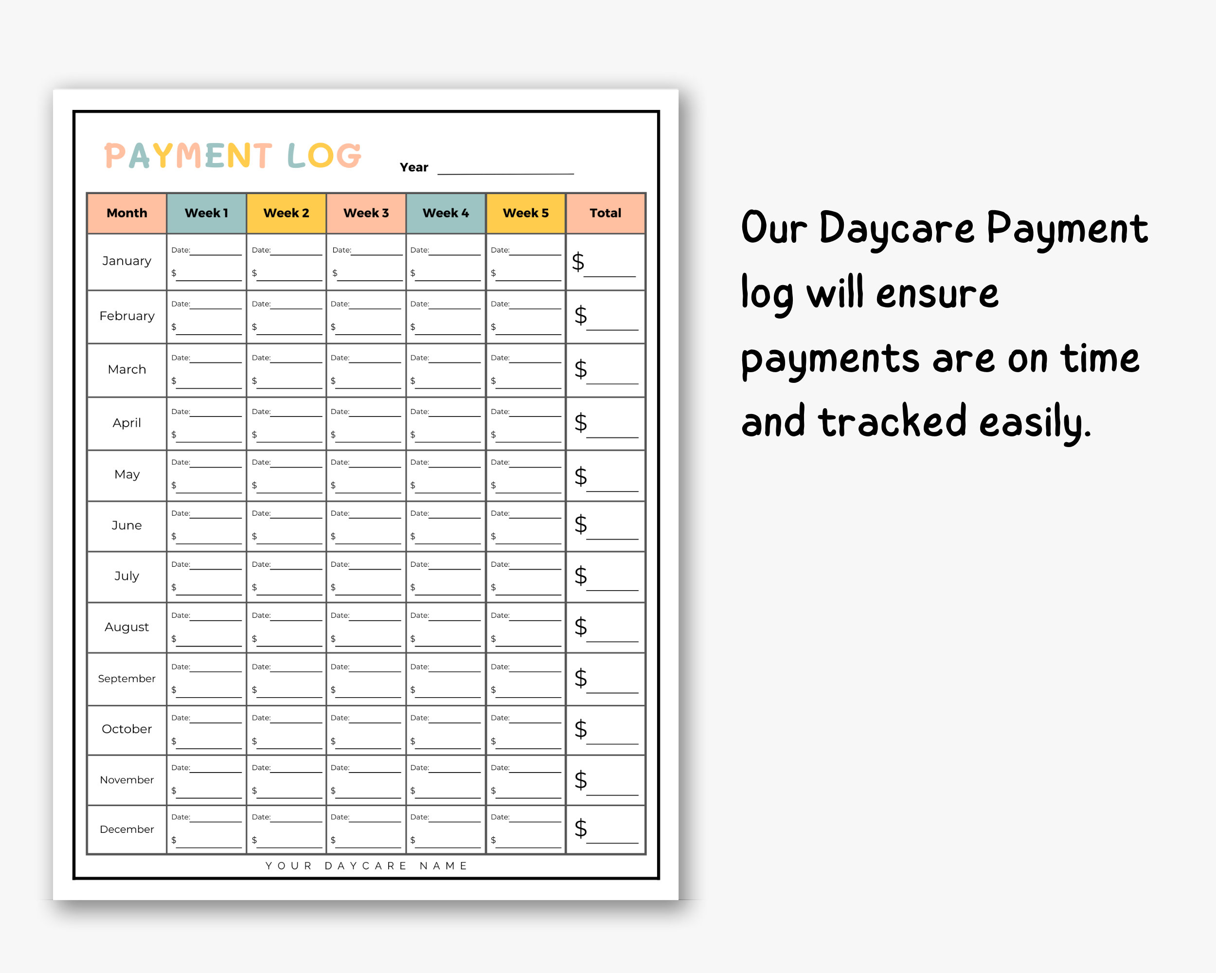Daycare Payment Log, Daycare Forms, in Home Daycare Payment Record ...