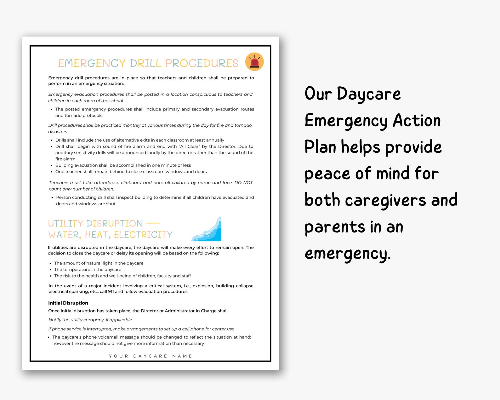 Daycare Emergency Action Plan, Daycare Forms, in Home Daycare Emergency ...