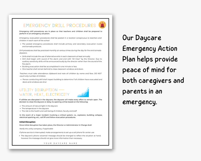 Daycare Emergency Action Plan, Daycare Forms, in Home Daycare Emergency ...