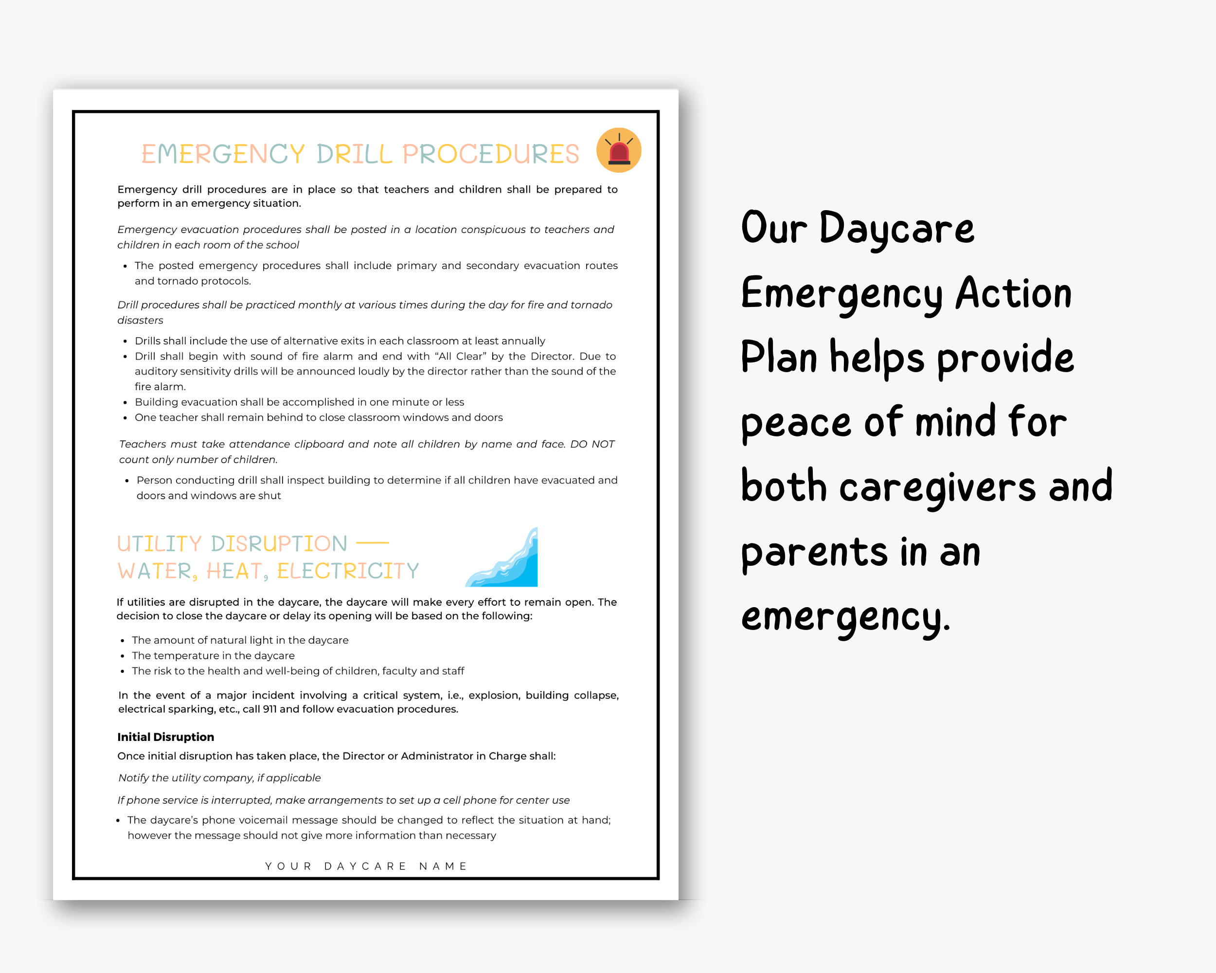 Daycare Emergency Action Plan, Daycare Forms, in Home Daycare Emergency ...