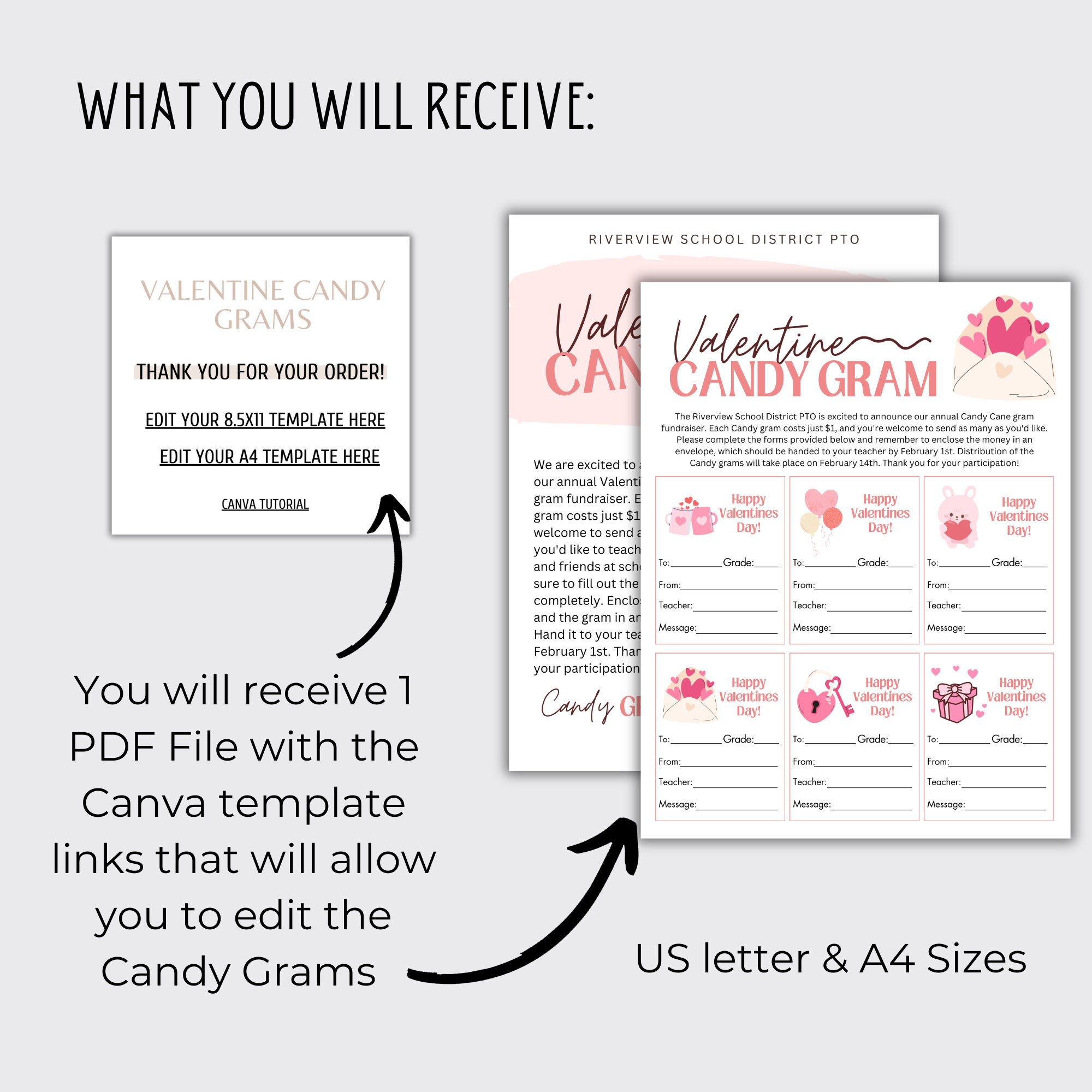 EDITABLE Valentine's Day Candy Gram Flyer, PTO, PTA Valentine's Day ...