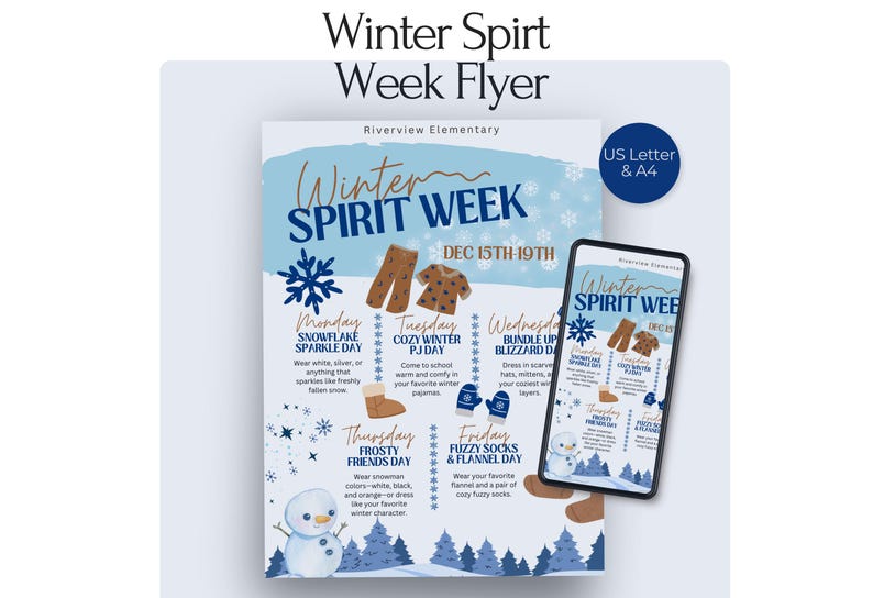Winter Spirit Week Template, Holiday Spirit Week Flyer, School Holiday ...