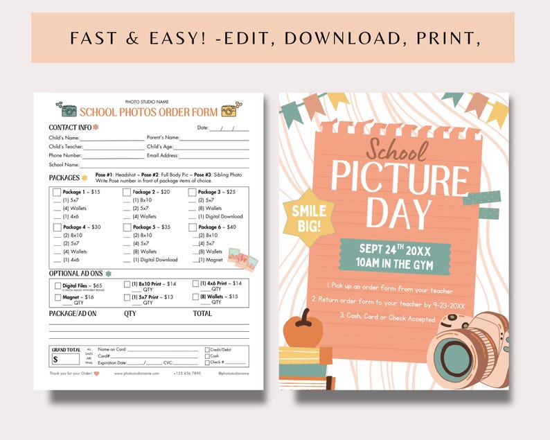 School Photo Order Form and Picture Day Flyer, Editable School Photo ...