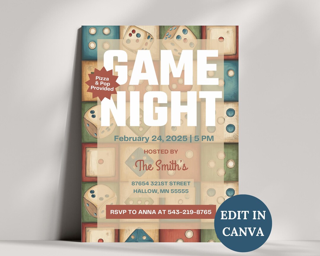 Editable Game Night Invitation, Board Game Lover Birthday Invite, House ...
