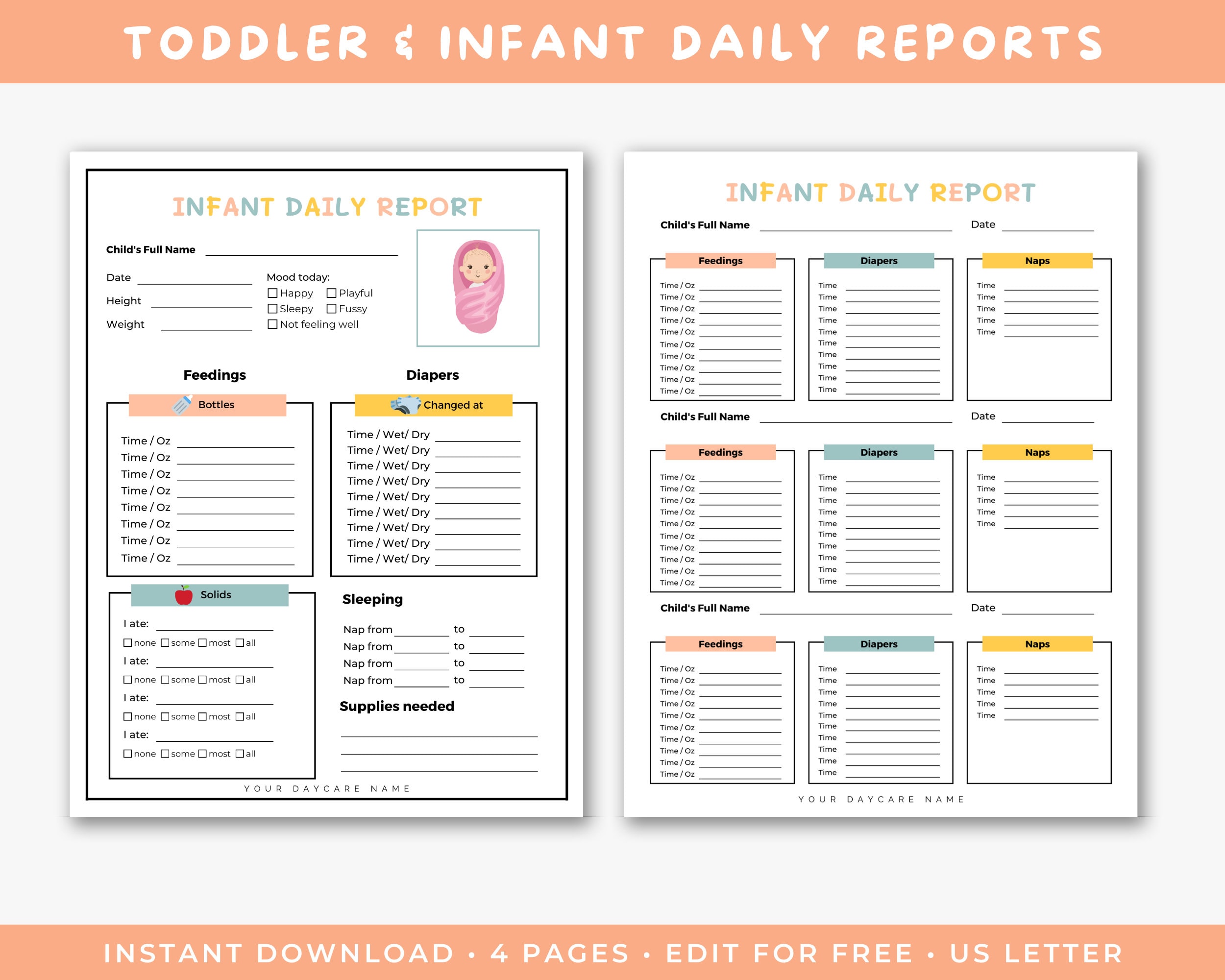 Toddler and Infant Daily Report, Daycare Daily Report, Printable Nanny ...