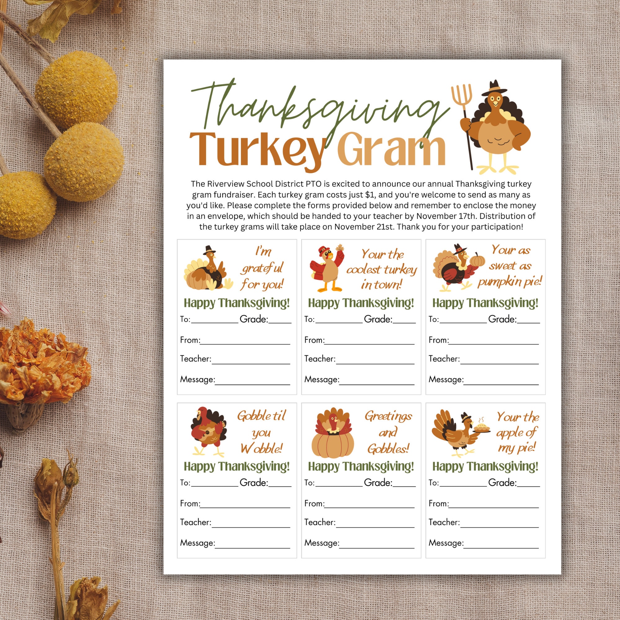 Editable Thanksgiving Candy Gram Printable Turkey Gram PTO - Etsy