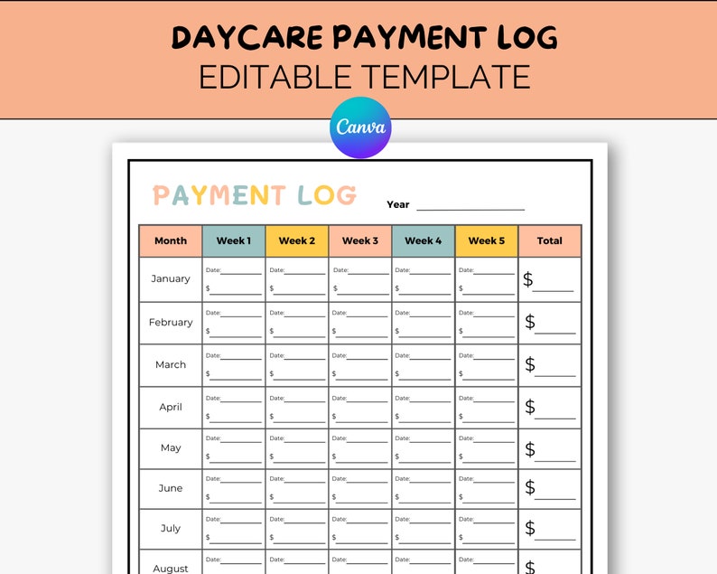 Daycare Payment Log, Daycare Forms, in Home Daycare Payment Record ...
