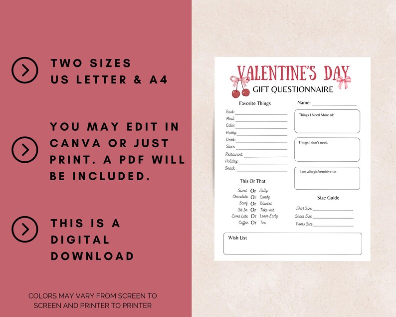 Editable Valentine's Day Gift Exchange Questionnaire, Printable ...