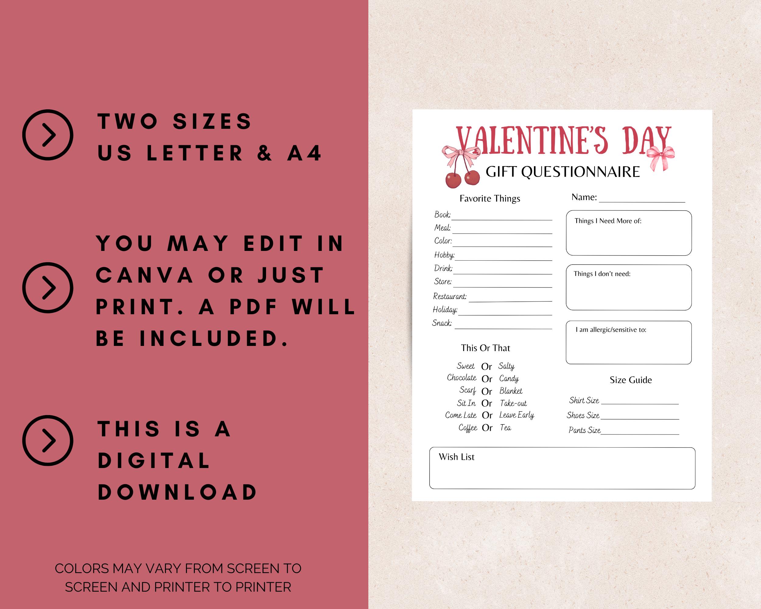 Editable Valentine's Day Gift Exchange Questionnaire, Printable ...