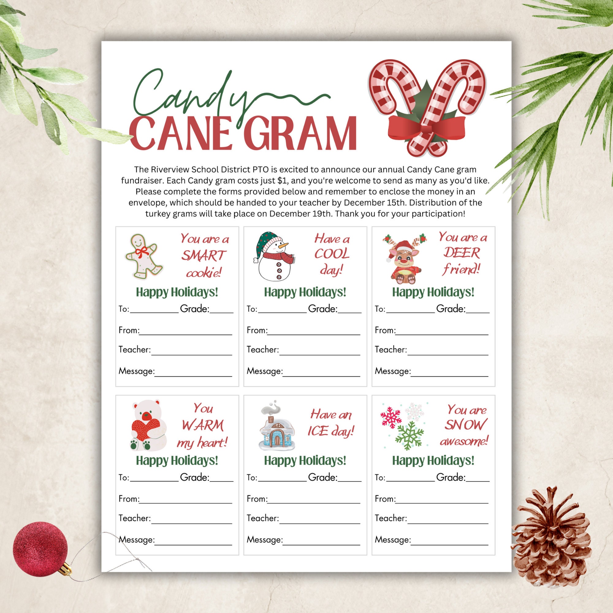 Editable Holiday Candy Cane Gram Printable, PTO, PTA Christmas Flyer - Etsy