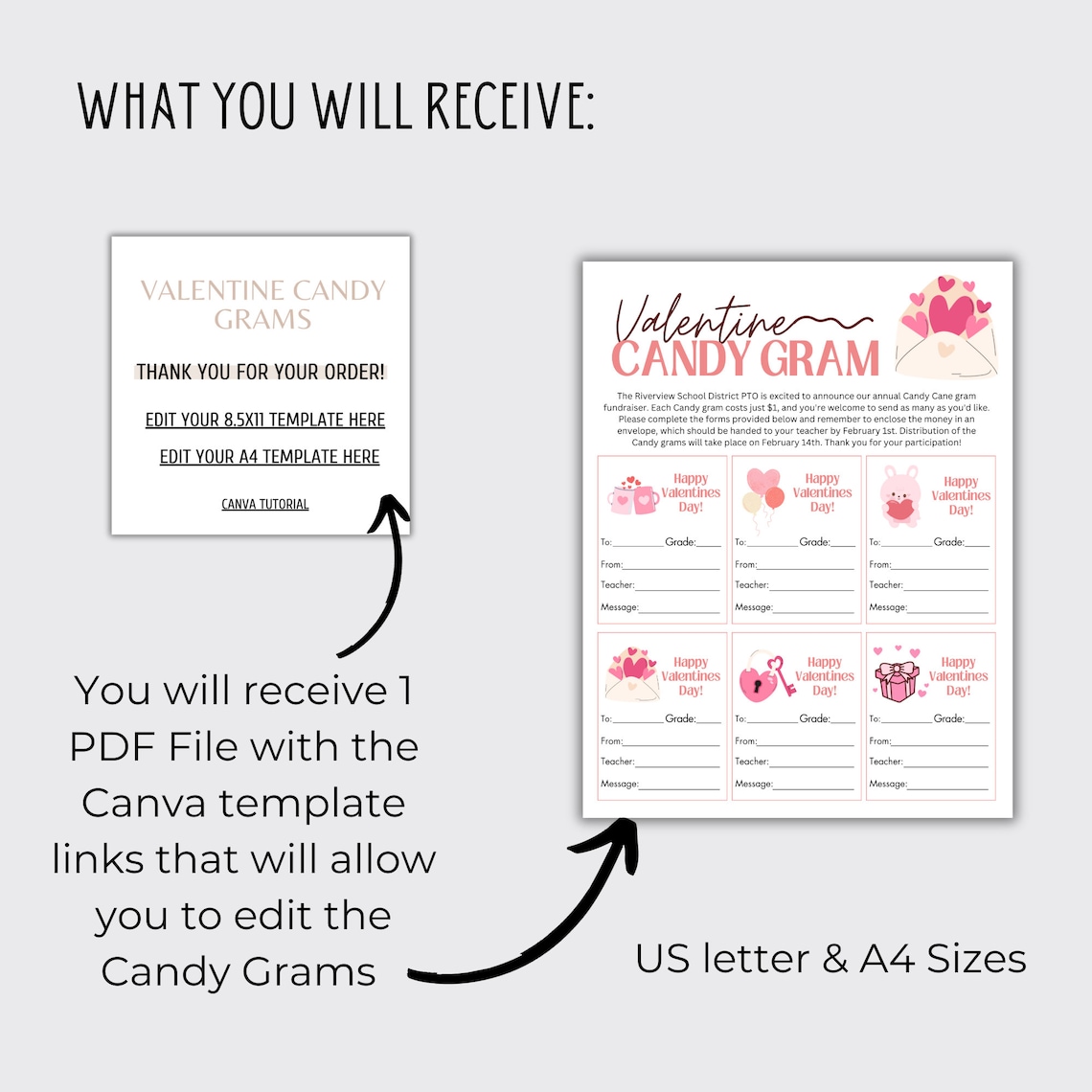 EDITABLE Valentine's Day Candy Gram Flyer, PTO, PTA Valentine's Day ...