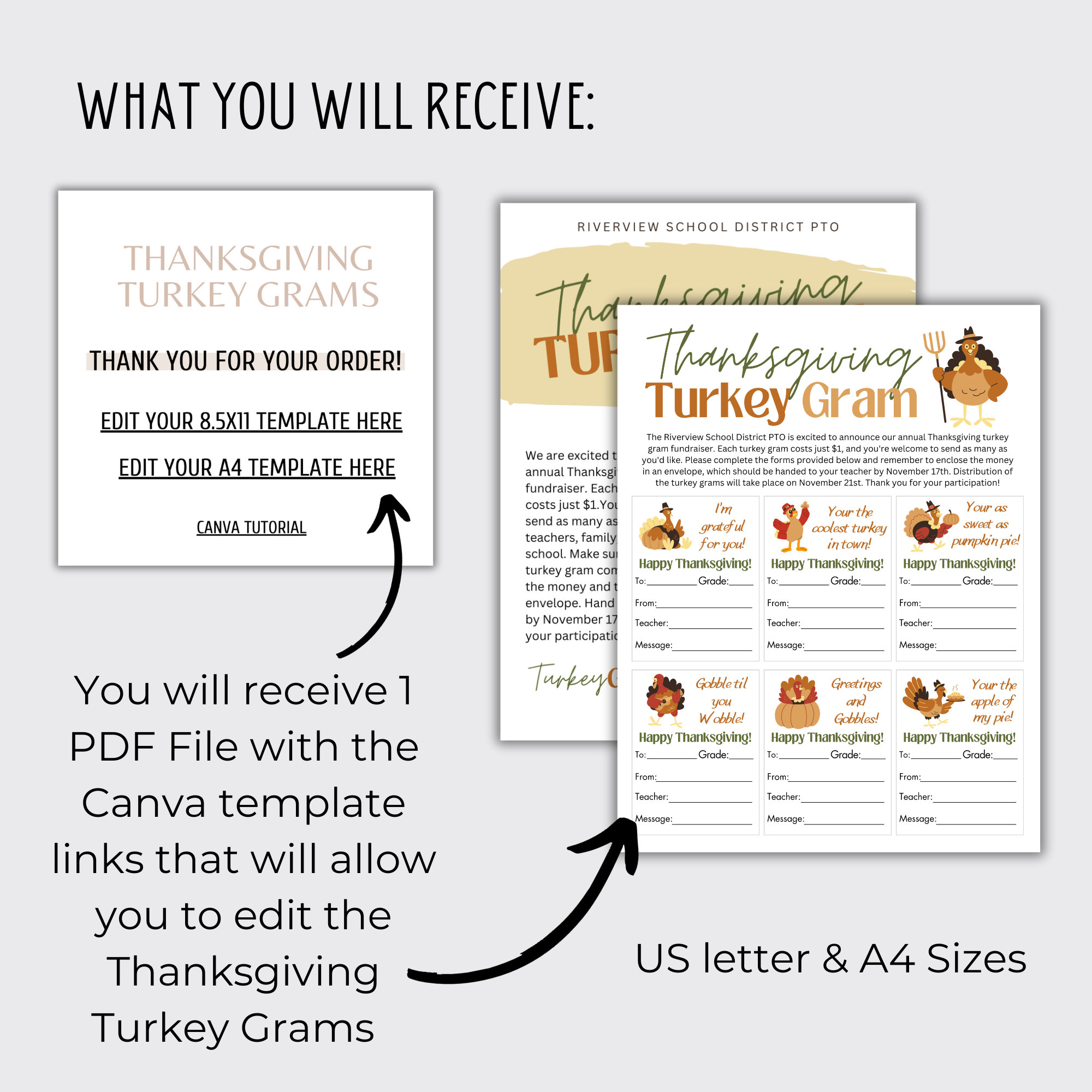 Editable Thanksgiving Candy Gram Printable Turkey Gram PTO - Etsy