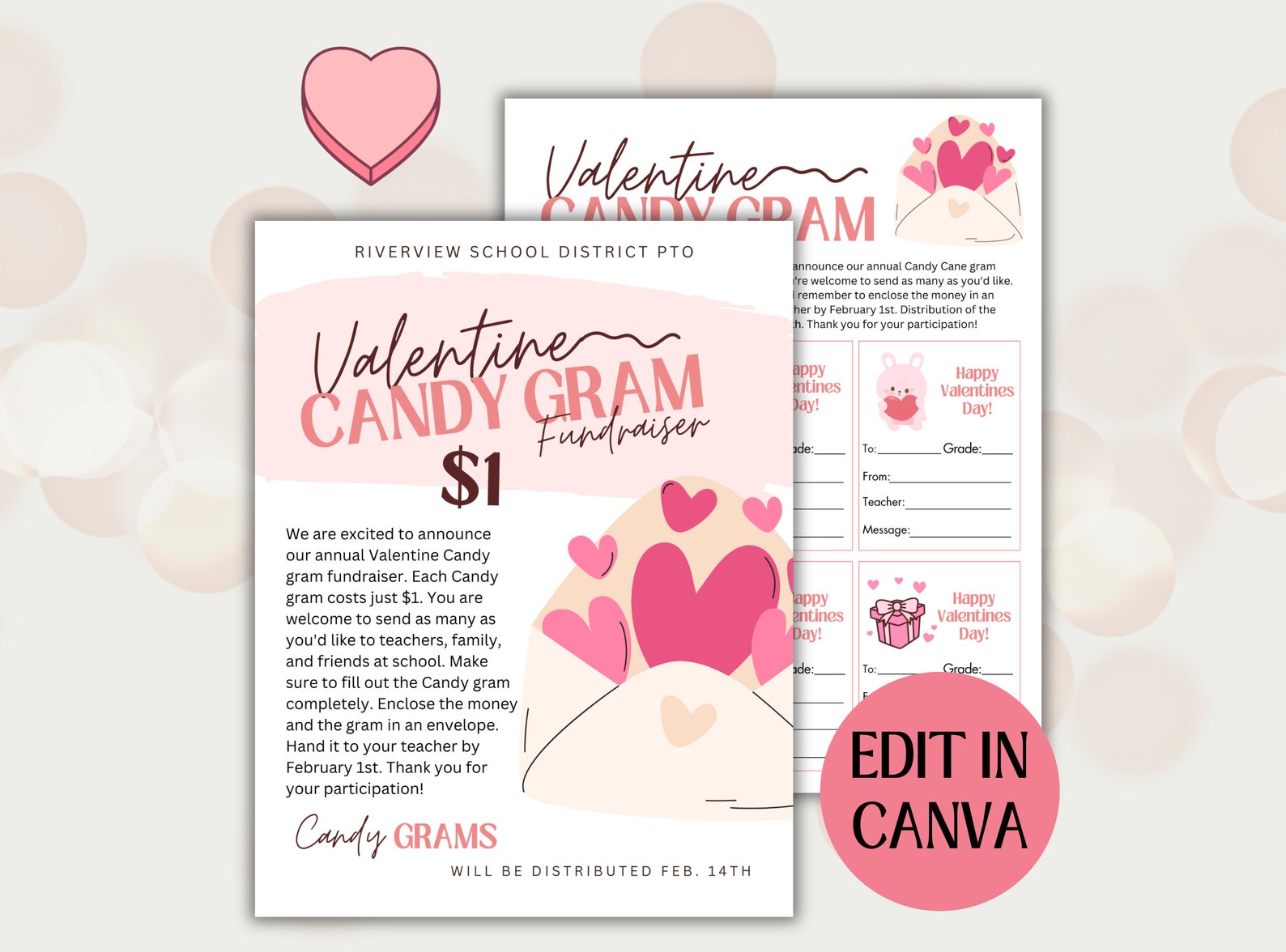EDITABLE Valentine's Day Candy Gram Flyer, PTO, PTA Valentine's Day ...