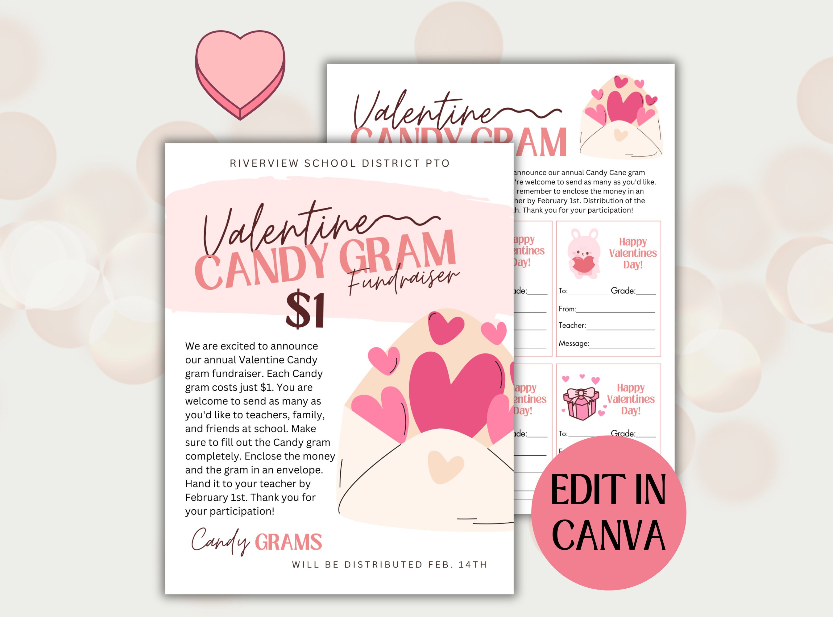 EDITABLE Valentine's Day Candy Gram Flyer, PTO, PTA Valentine's Day ...