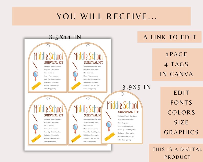 Editable Middle School Survival Kit Gift Tags, Back to School Gift ...