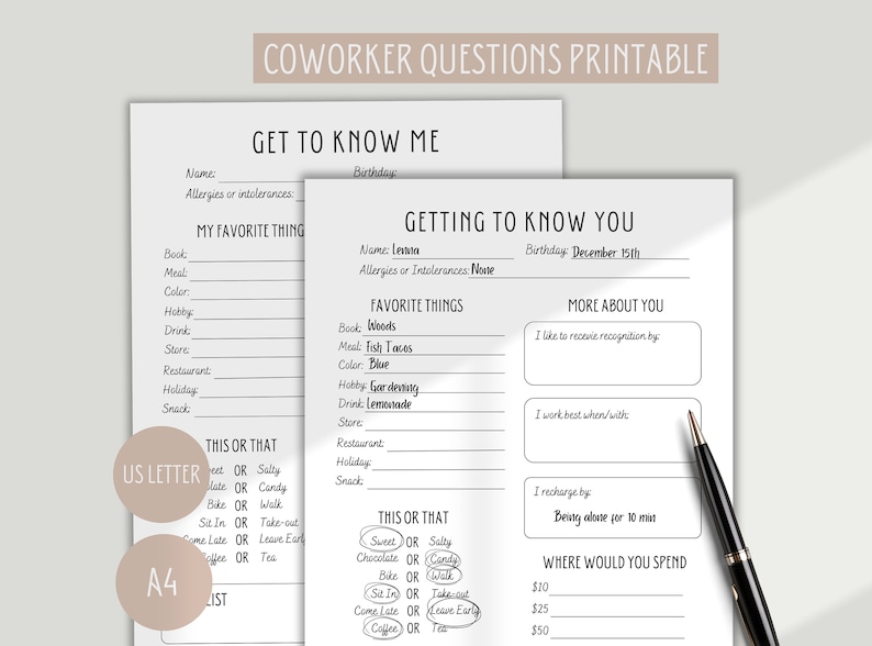 Printable Coworker Questions, All About Me Survey, Get to Know You ...