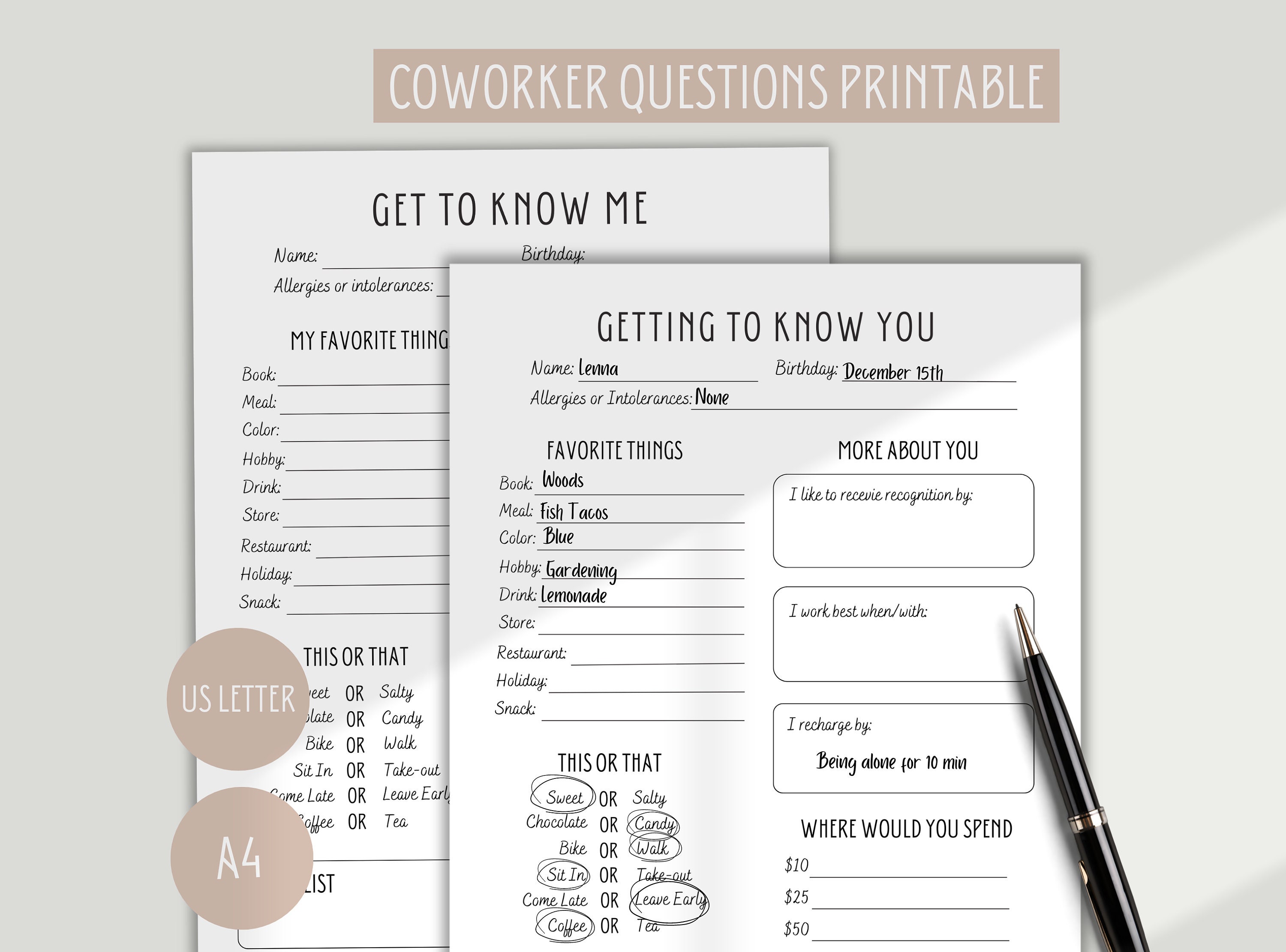 Printable Coworker Questions, All About Me Survey, Get to Know You ...