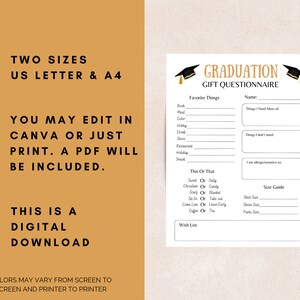 Editable Graduation Gift Questionnaire, Printable All About Me Form ...
