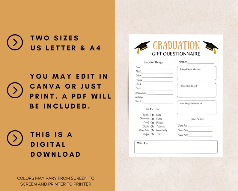 Editable Graduation Gift Questionnaire, Printable All About Me Form ...