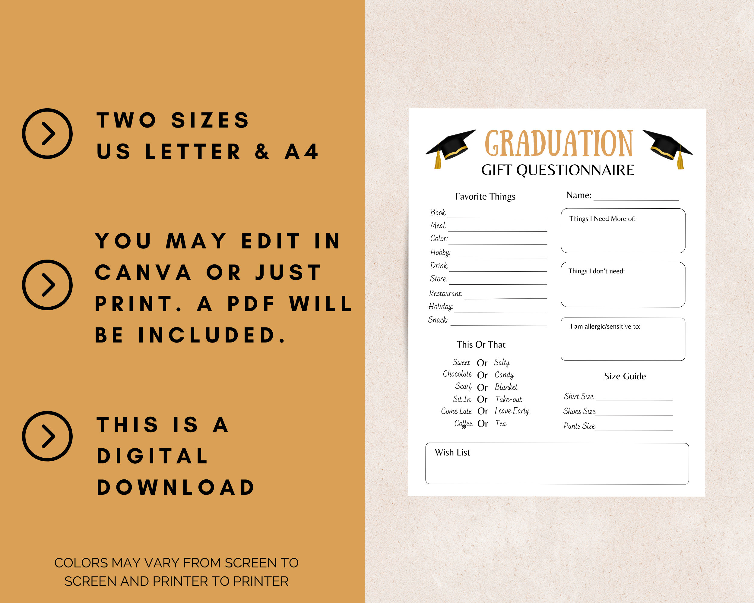 Editable Graduation Gift Questionnaire, Printable All About Me Form ...