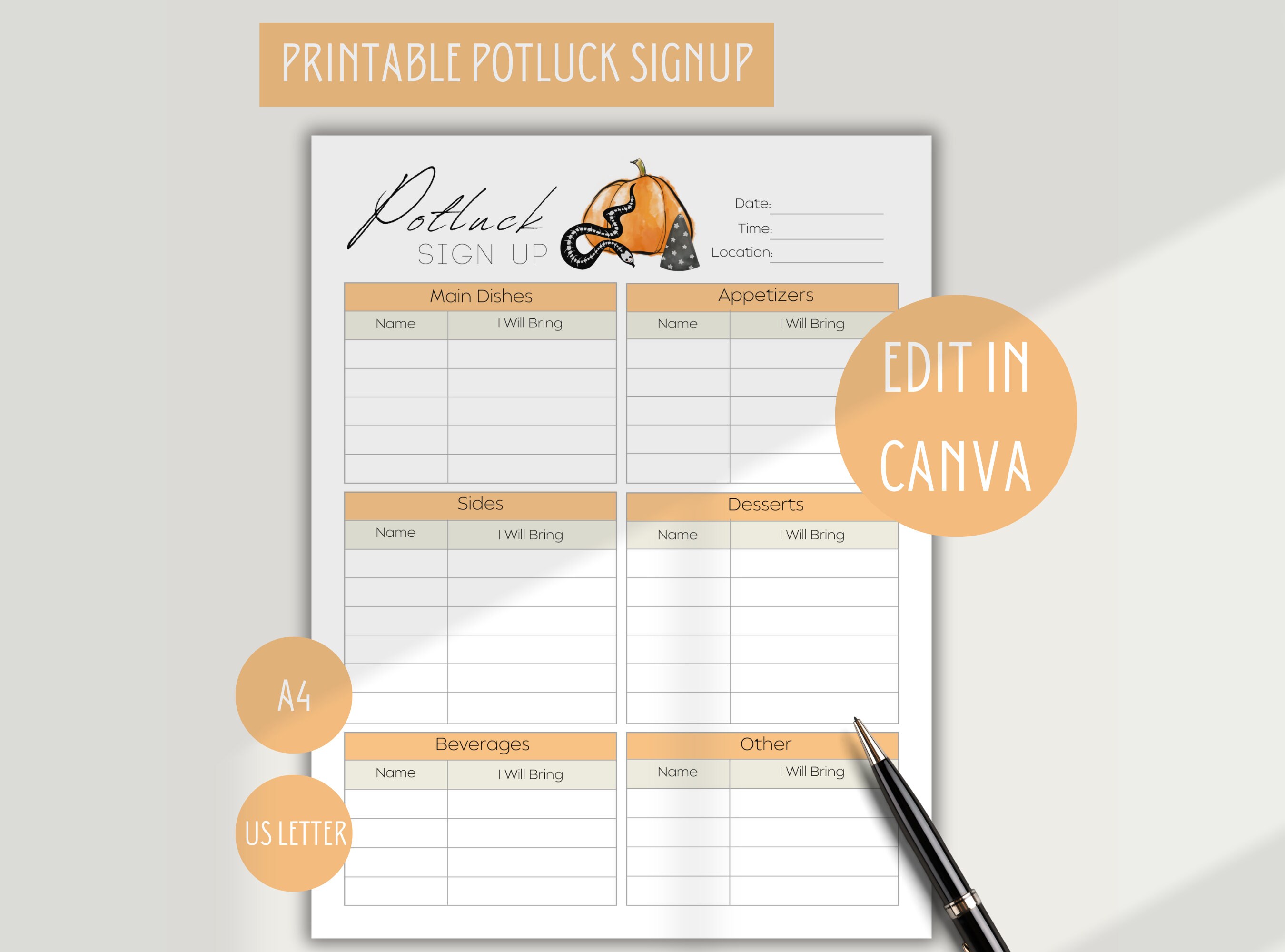 Editable Halloween Potluck Sign up Sheet, US Letter and A4 Sizes - Etsy