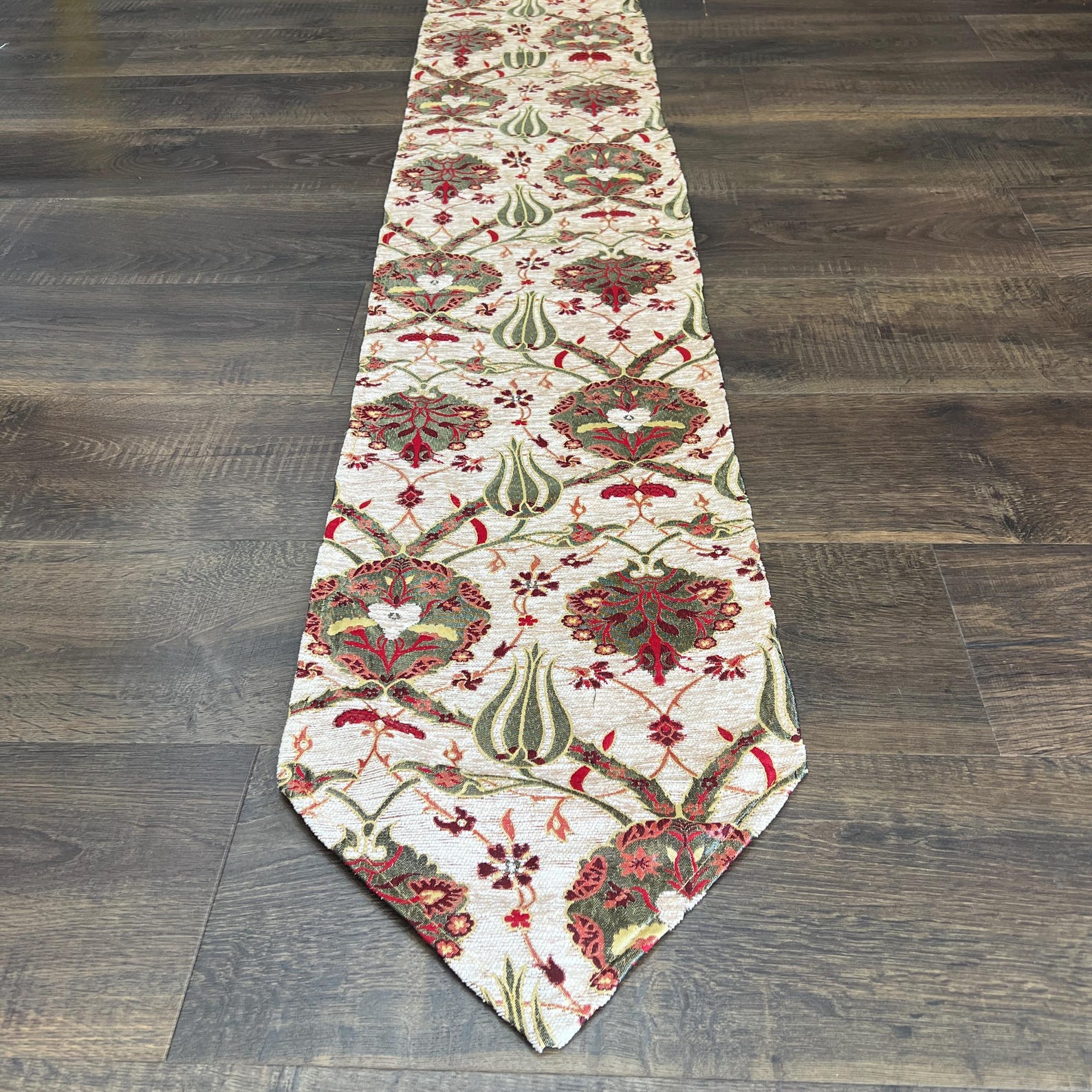 Turkish Kilim Table Runner: Beige Tulip Jacquard Chenille, Extra Long ...
