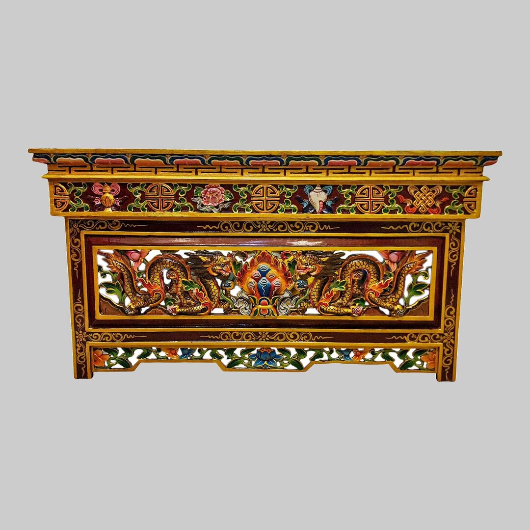 Handcrafted Tibetan Ritual Foldable Table | Intricately Carved Buddhist ...