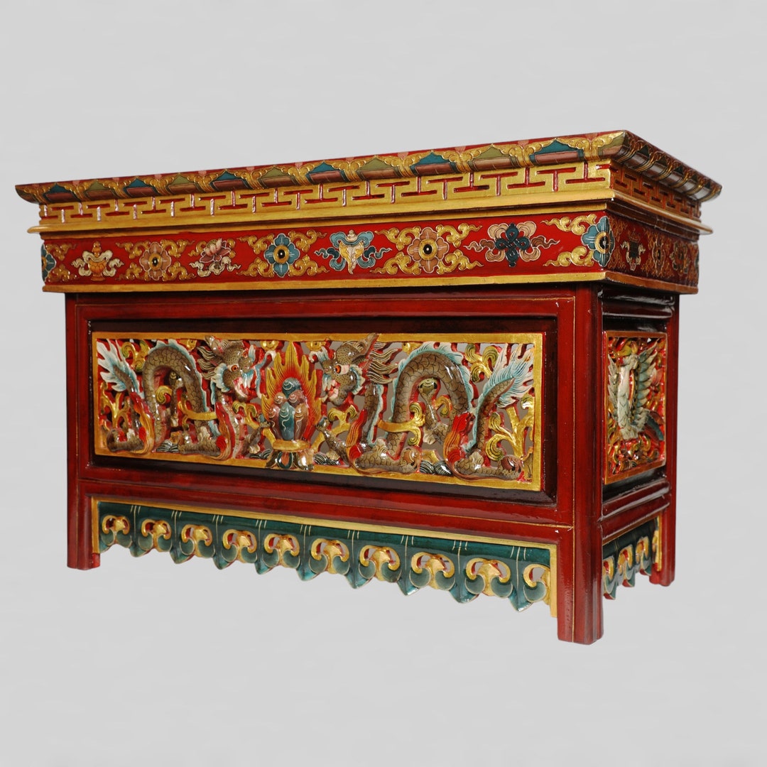 Handmade Dragon Carved Tibetan Puja Table: Foldable Shrine Table From ...