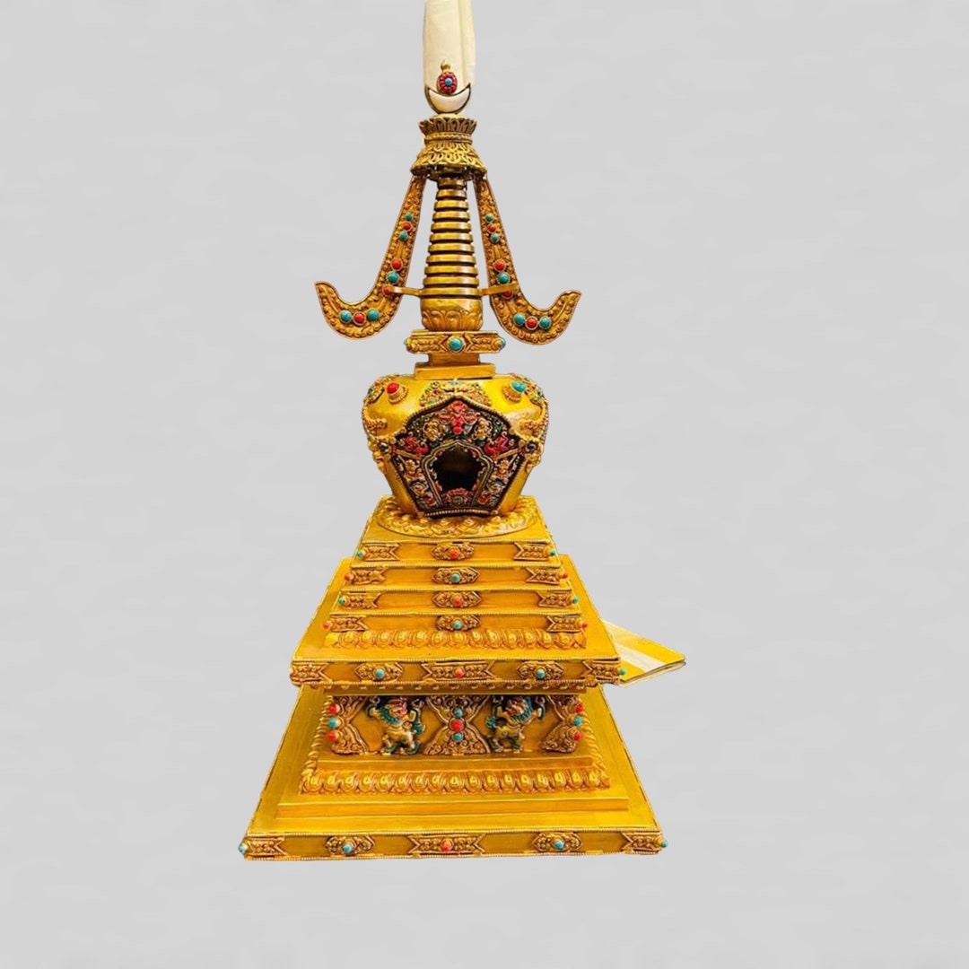 Tibetan Buddhist Stupa | 24K Full Gold Gilded and Stone Setting ...