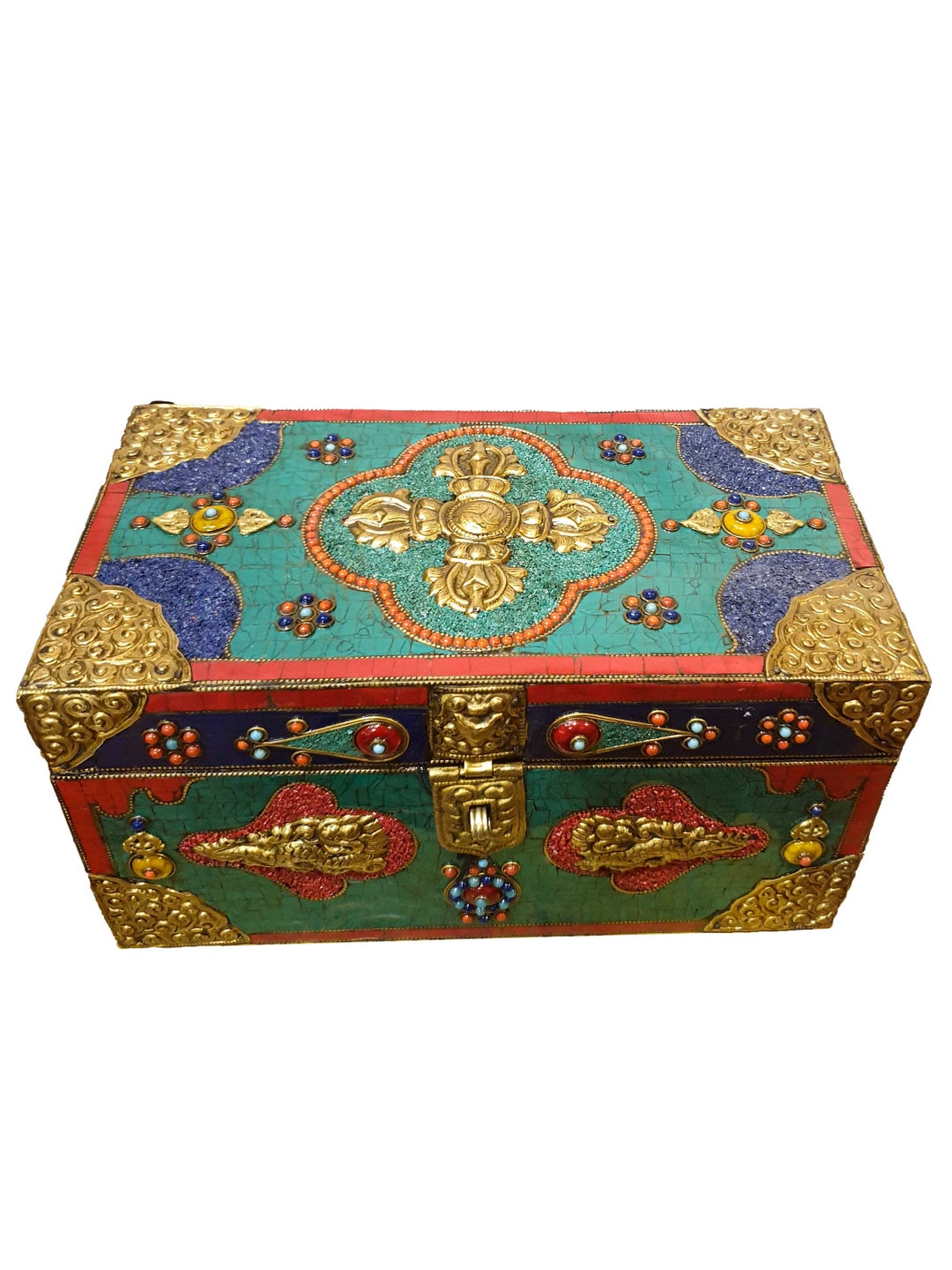 Handmade Tibetan Traditional Rectangular Box With Thangka & Turquoise ...