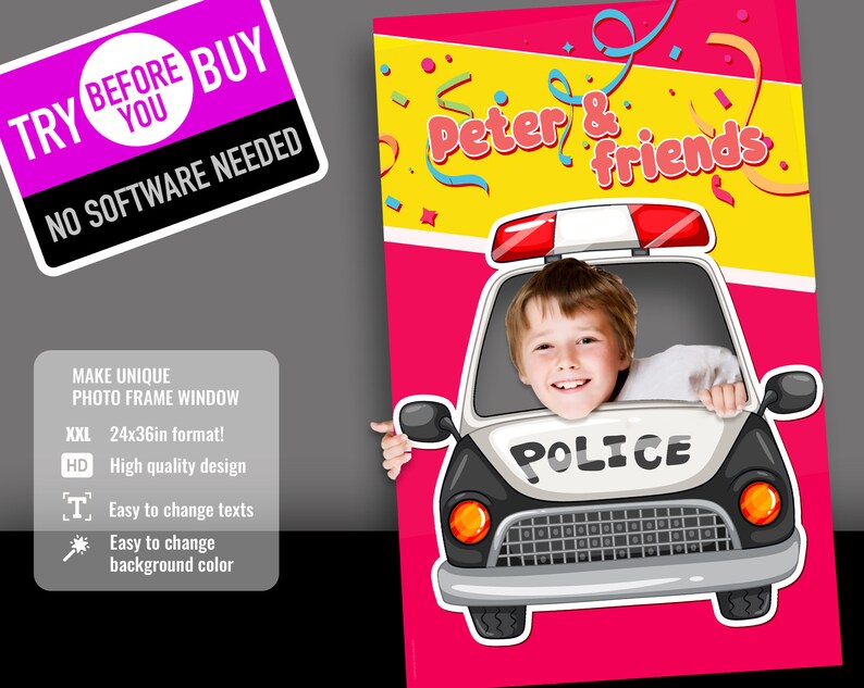 Police Car Birthday Photo Booth Frame, Editable Template (digital ...
