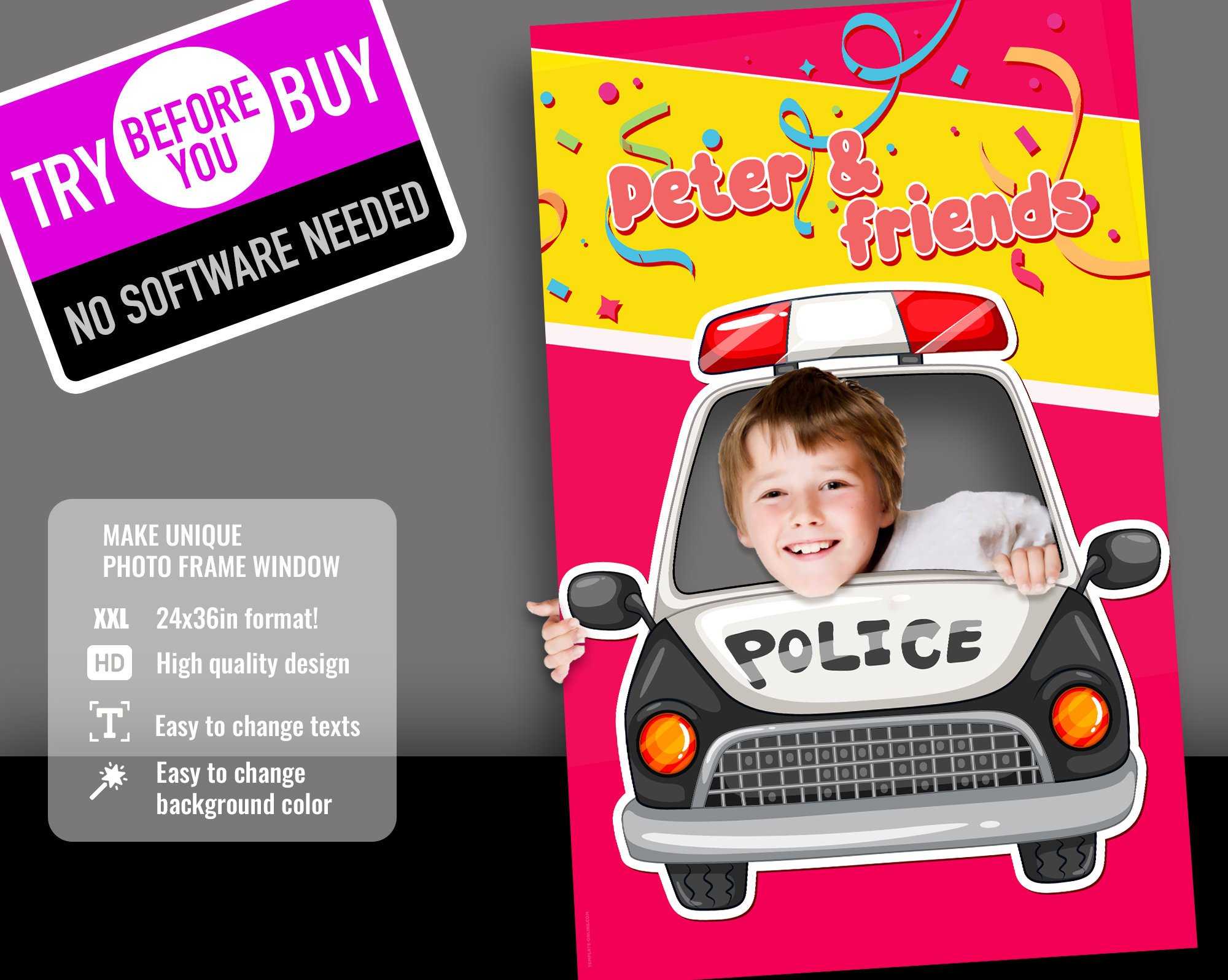 Police Car Photo Booth Frame, Cop Driver Selfie Travel Birthday ...