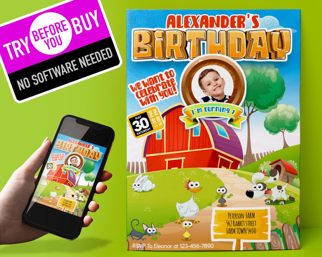 Farm Birthday Invitation Boy & Girl, Printable Invite - DIY - Birthday ...