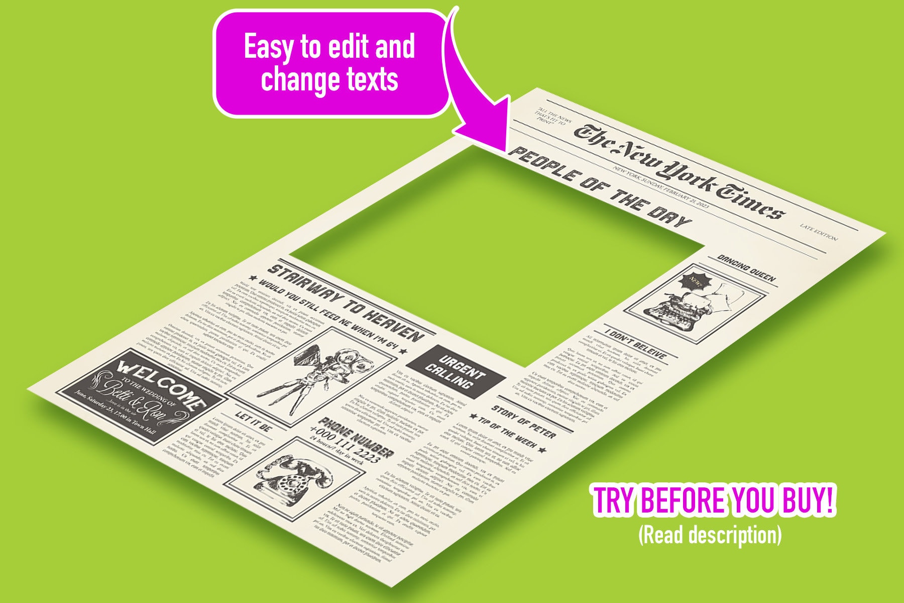 Newspaper Photo Booth Frame Birthday Template XXL, New York Times Print ...