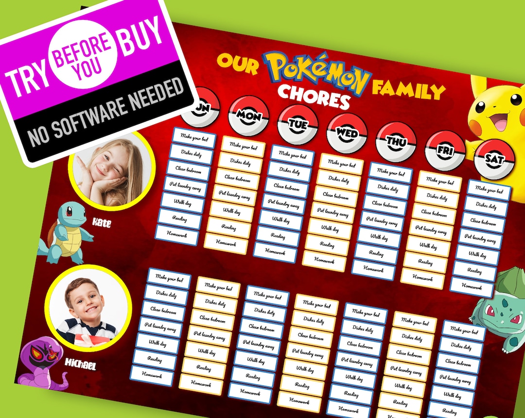 Pokemon Chore Chart Template, Printable Editable Weekly Family Chore ...