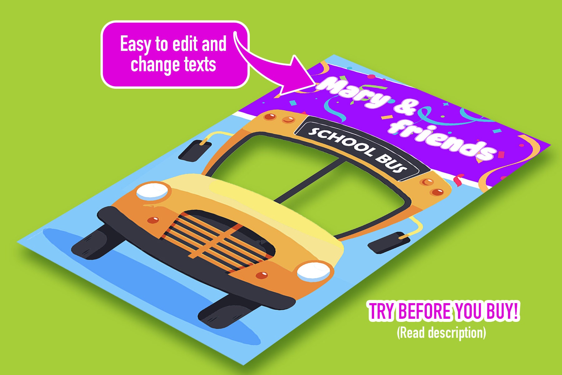 School Bus Photo Booth Frame, Selfie Travel Birthday Template XXL ...