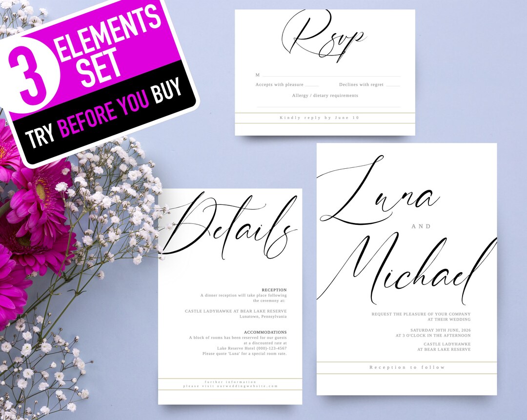 LUNA Theme Wedding Invitation Set Template, 100% Editable Template ...