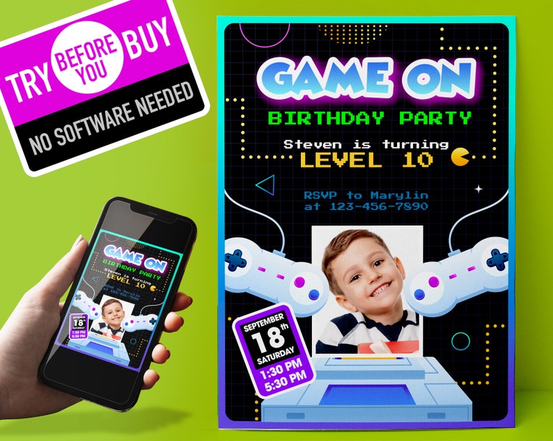 Video Game on Birthday, Pacman, Gaming Invitation, Game Party ...