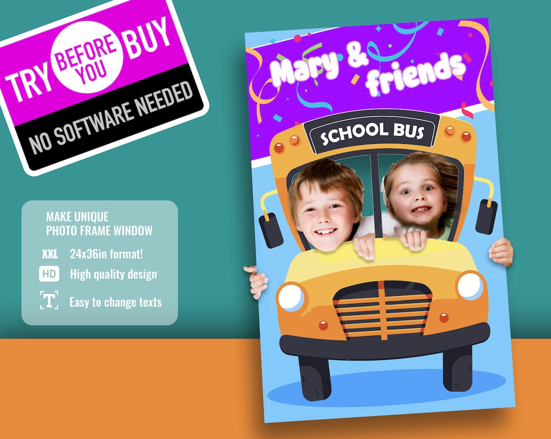 School Bus Photo Booth Frame, Selfie Travel Birthday Template XXL ...