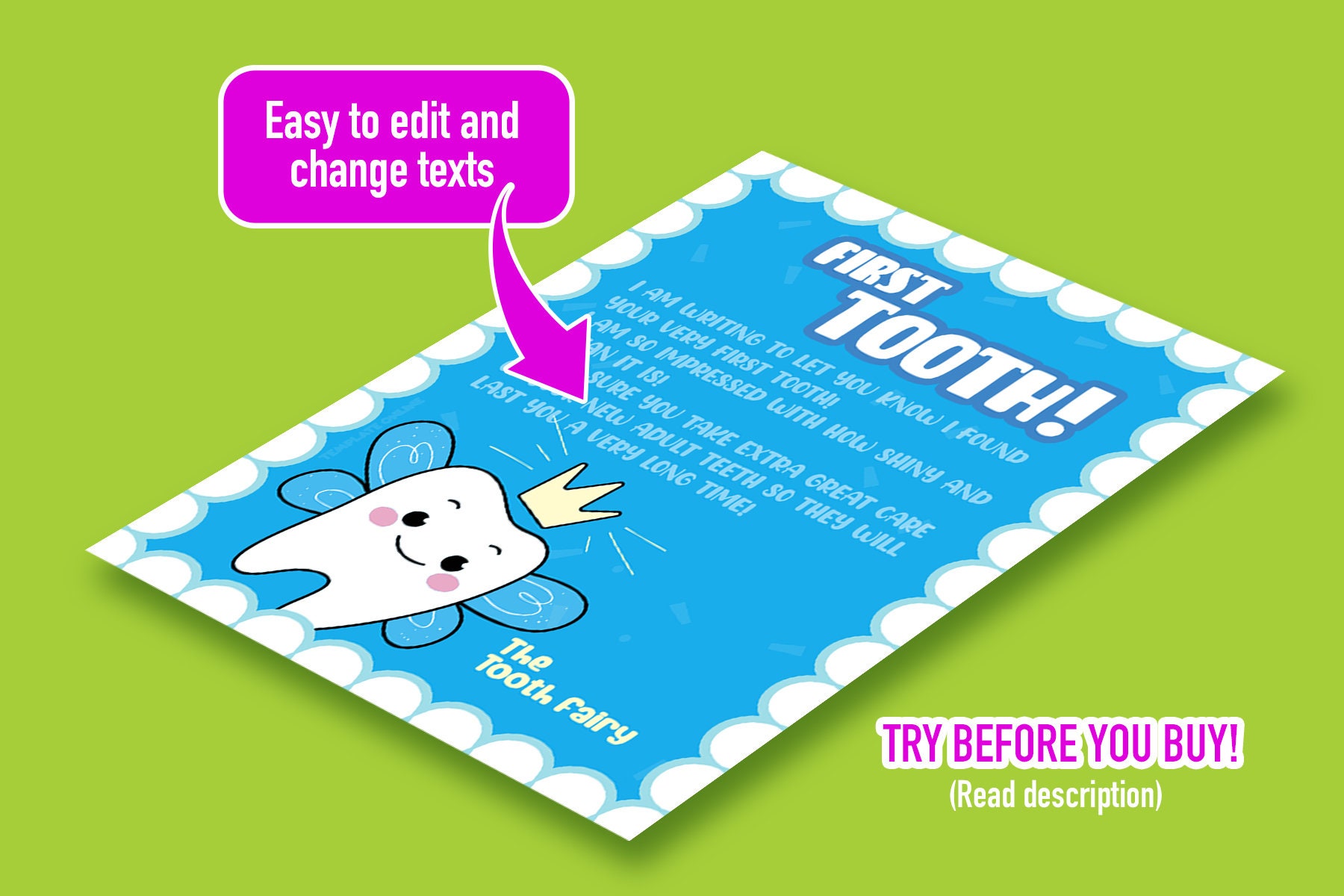 Tooth Fairy Letter Template, Lost First Tooth Message Printable, Cute ...